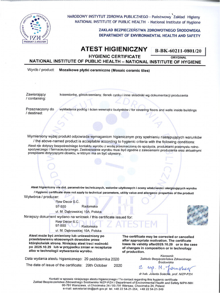 Atest PZH 10.2020 | PDF