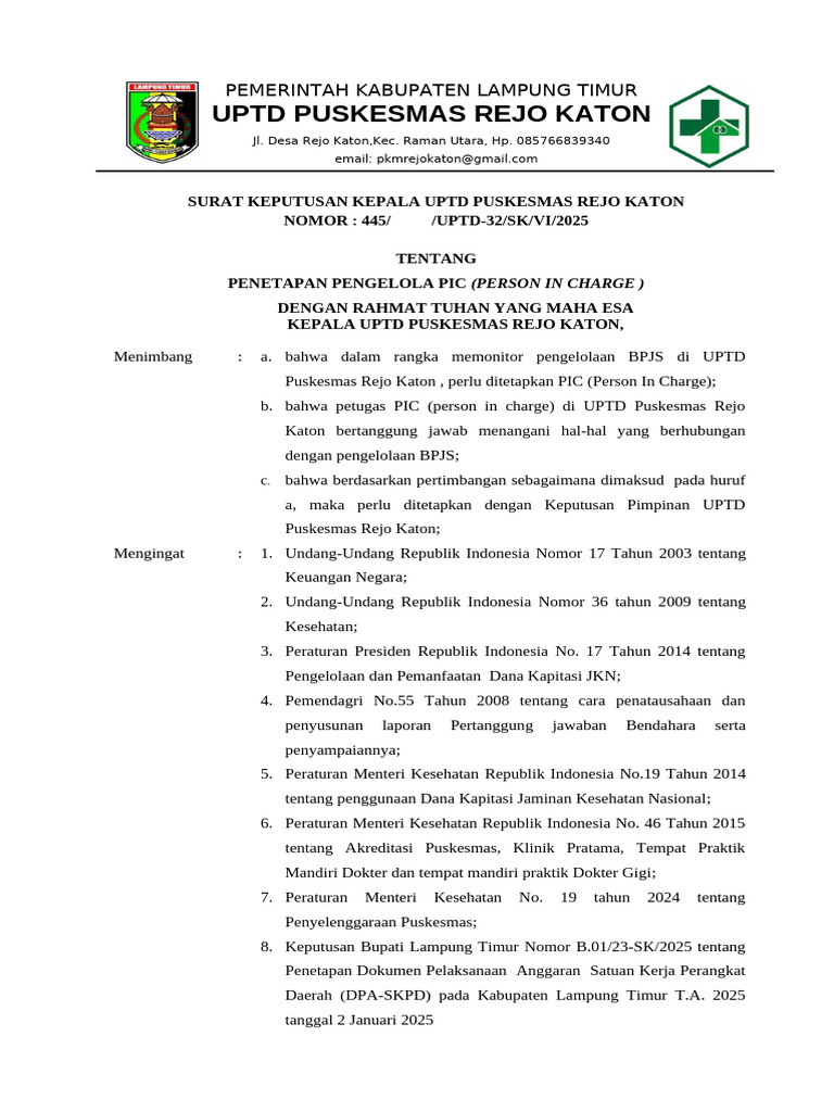 Penetapan PIC UPTD Puskesmas Rejo Katon | PDF