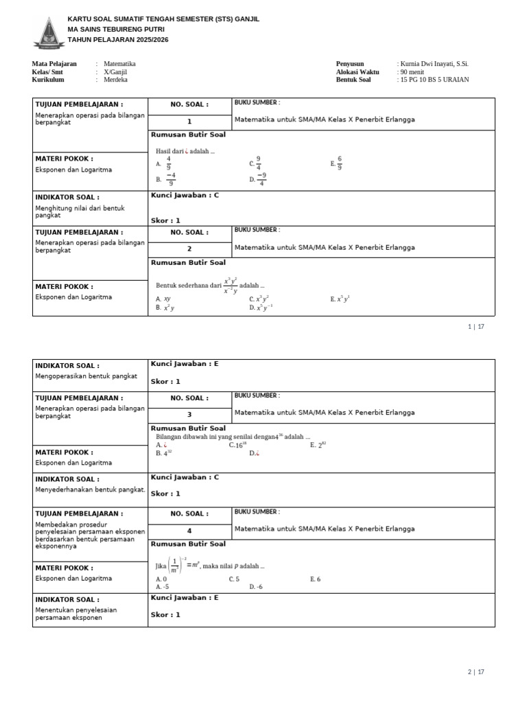Kartu Soal Sts MTK X 2025-2026 | PDF