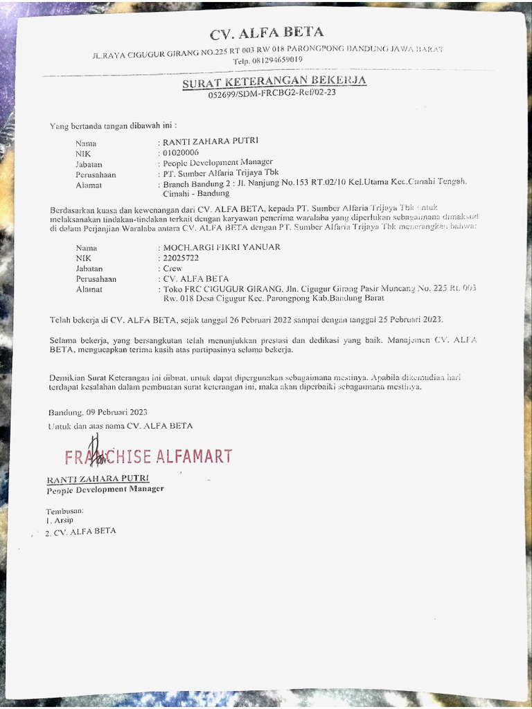 Paklaring Alfamart | PDF