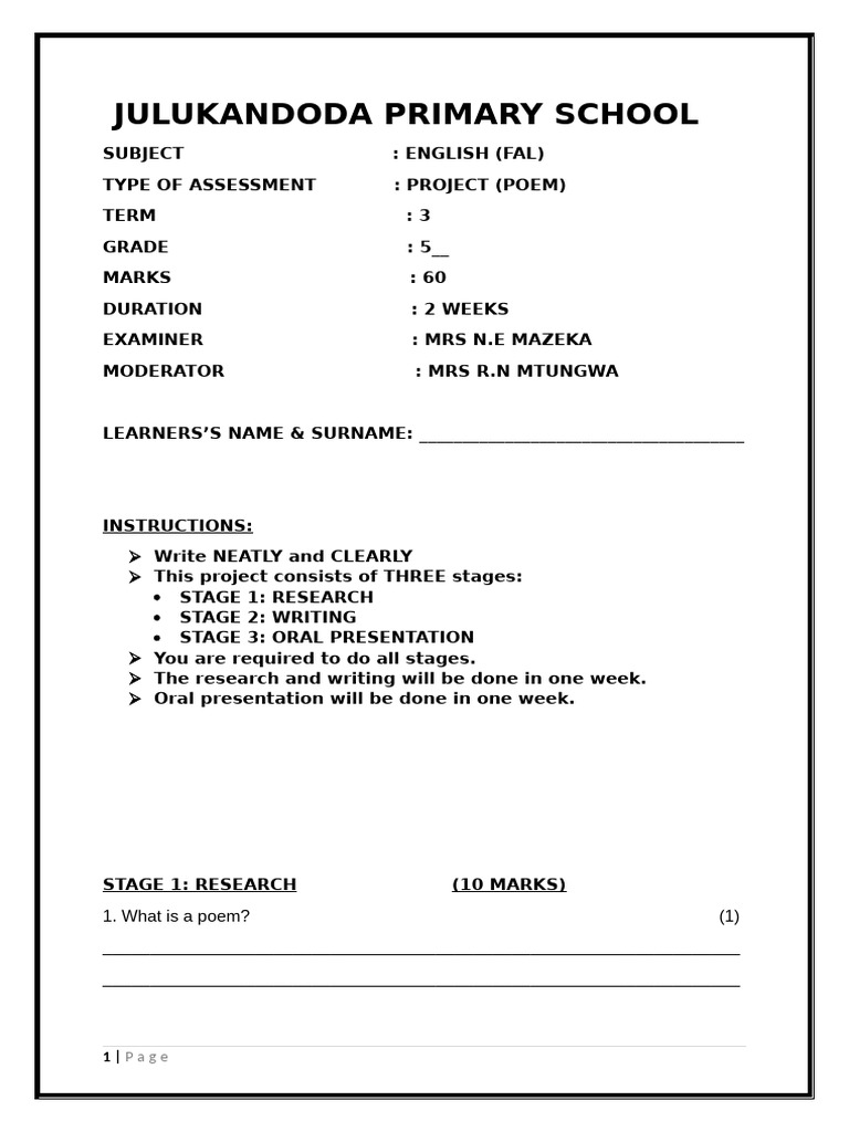 Grade 5 Term 3 English Project: Poem | PDF | Poetry | Writing