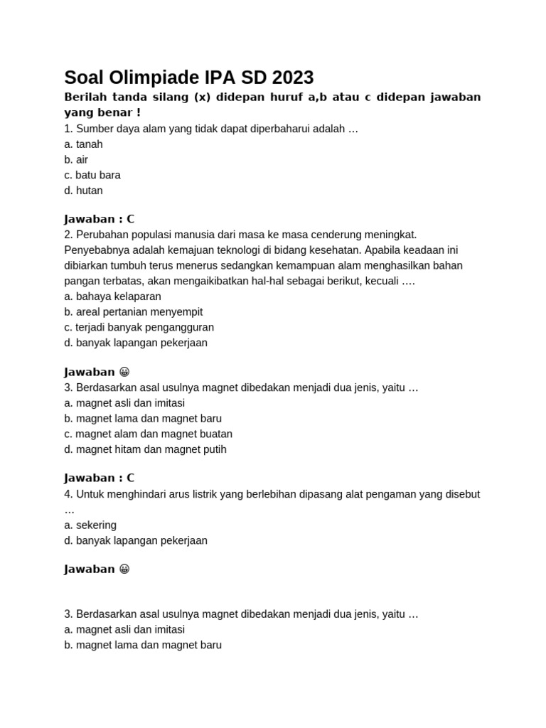 Soal Olimpiade IPA SD 2023 | PDF