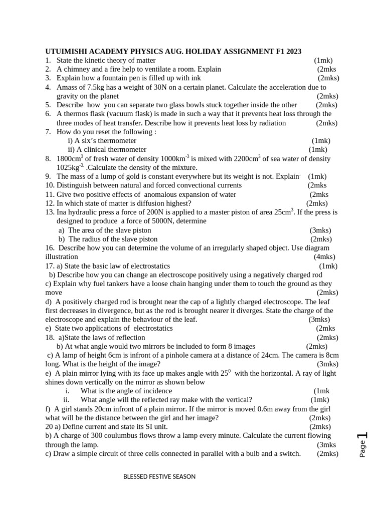 Form 1 Physics Holiday Assignment. | PDF | Quantity | Density