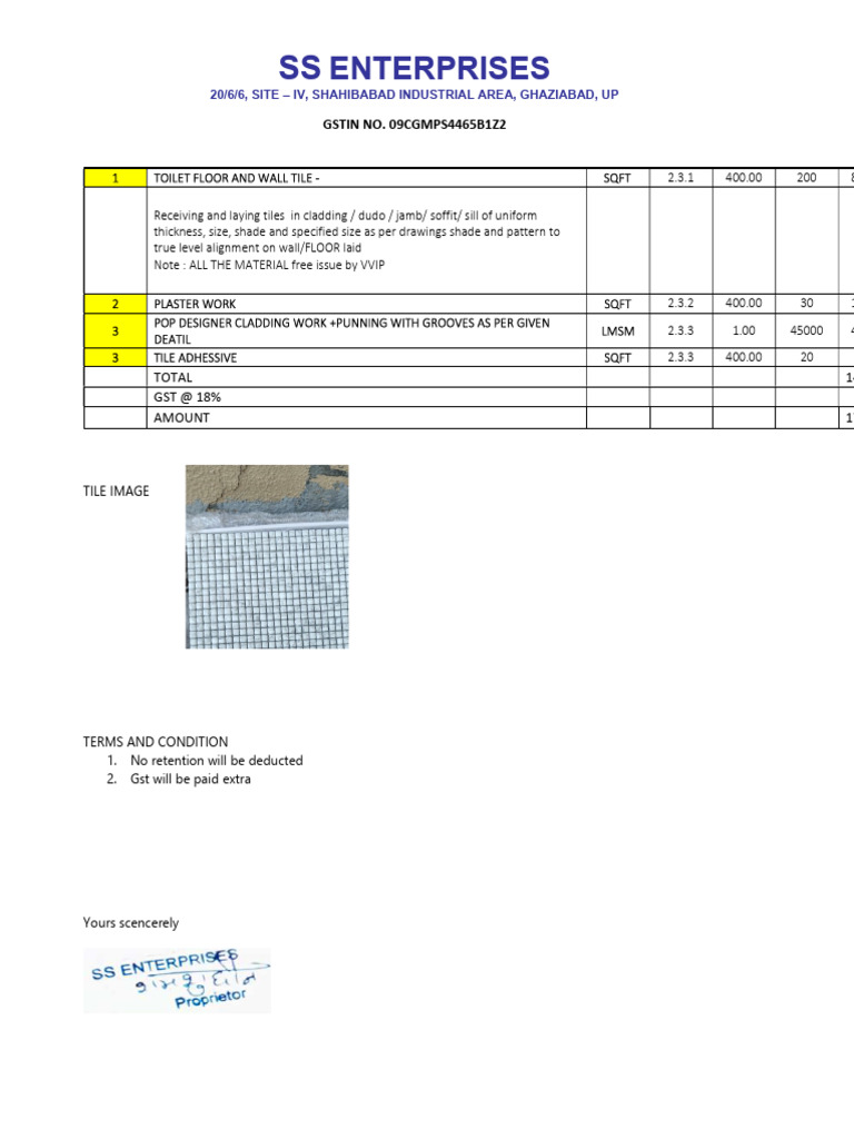 Tile Installation and Plaster Work Estimate | PDF