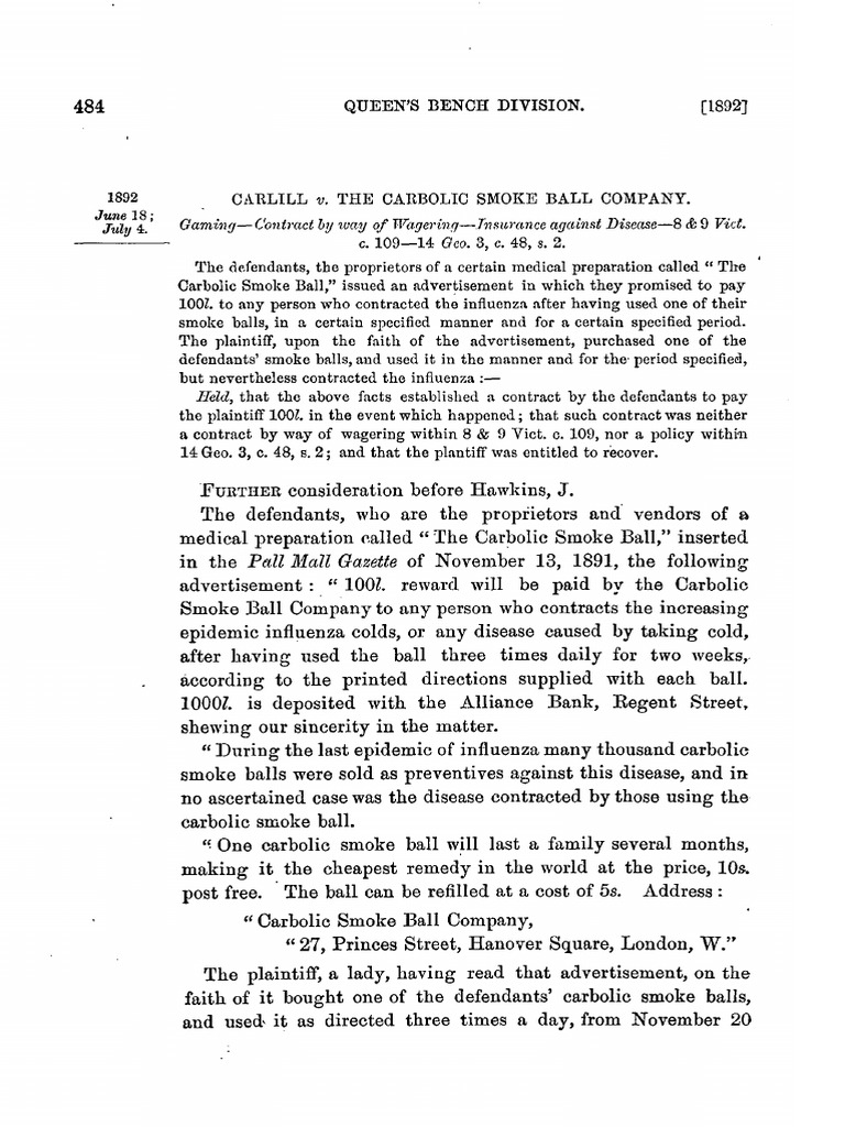 Carlill V The Carbolic Smoke Ball Company 1892 2 Q 240601 213919 | PDF