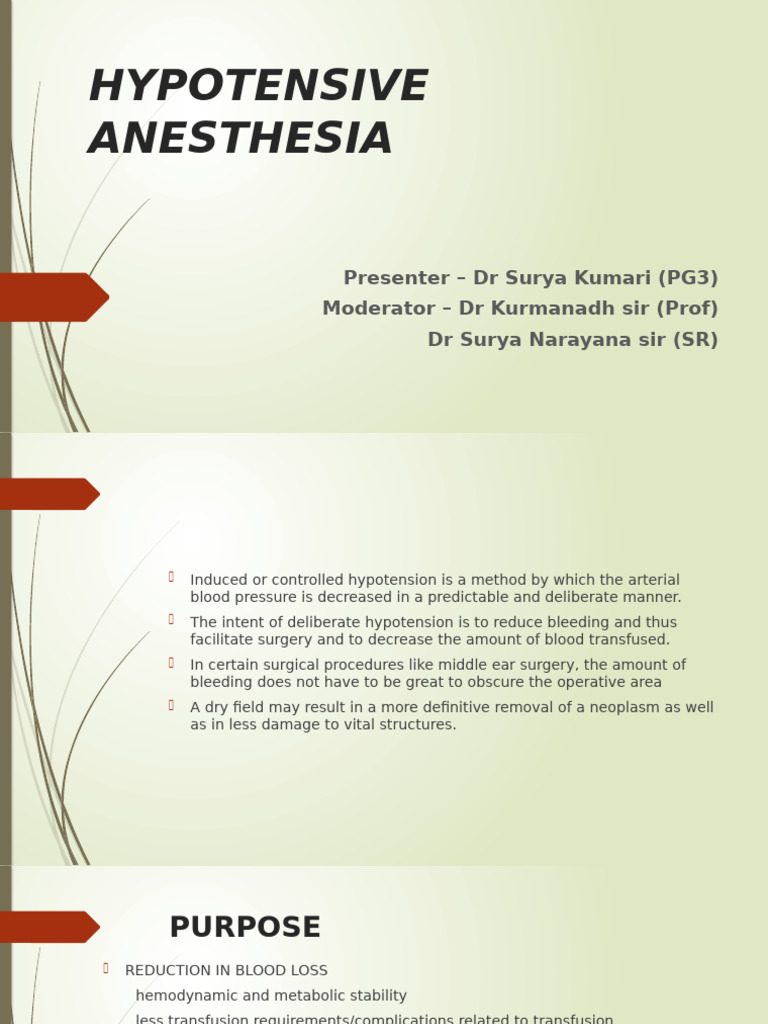 Hypotensive Anaesthesia Overview | PDF | Vasodilation | Blood Pressure