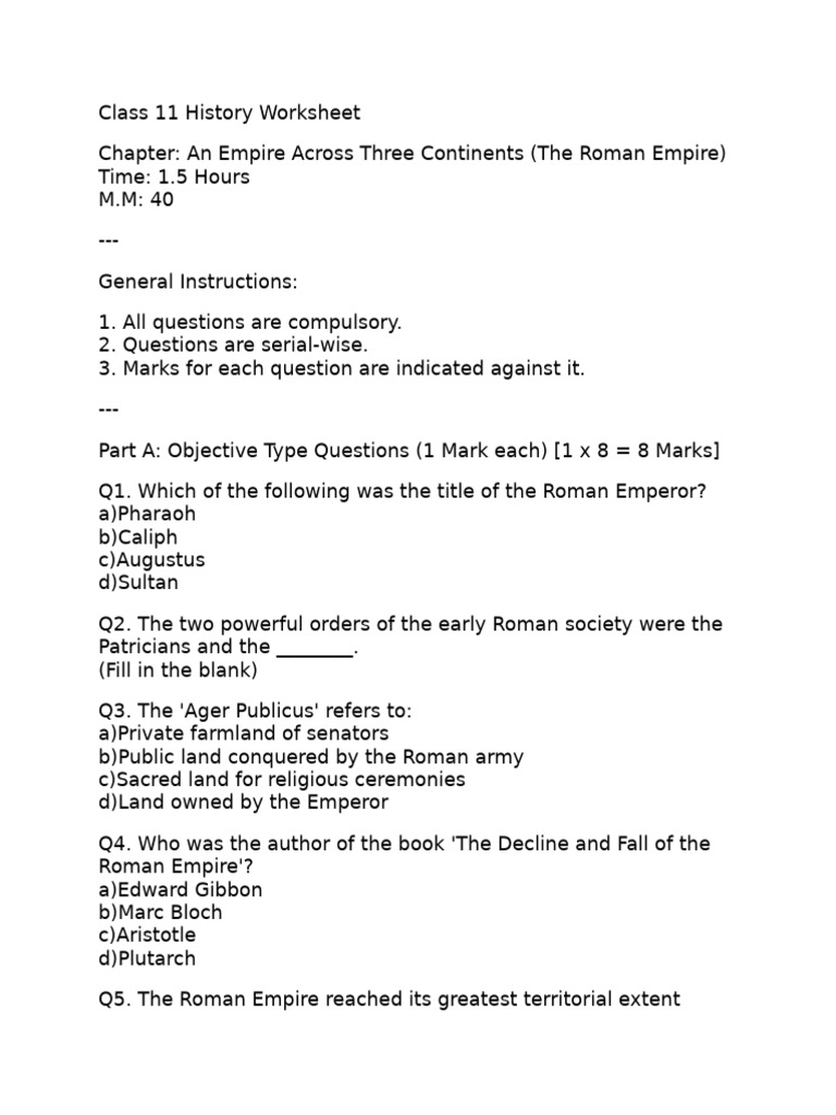 Roman Empire History Worksheet for Class 11 | PDF | Roman Empire ...