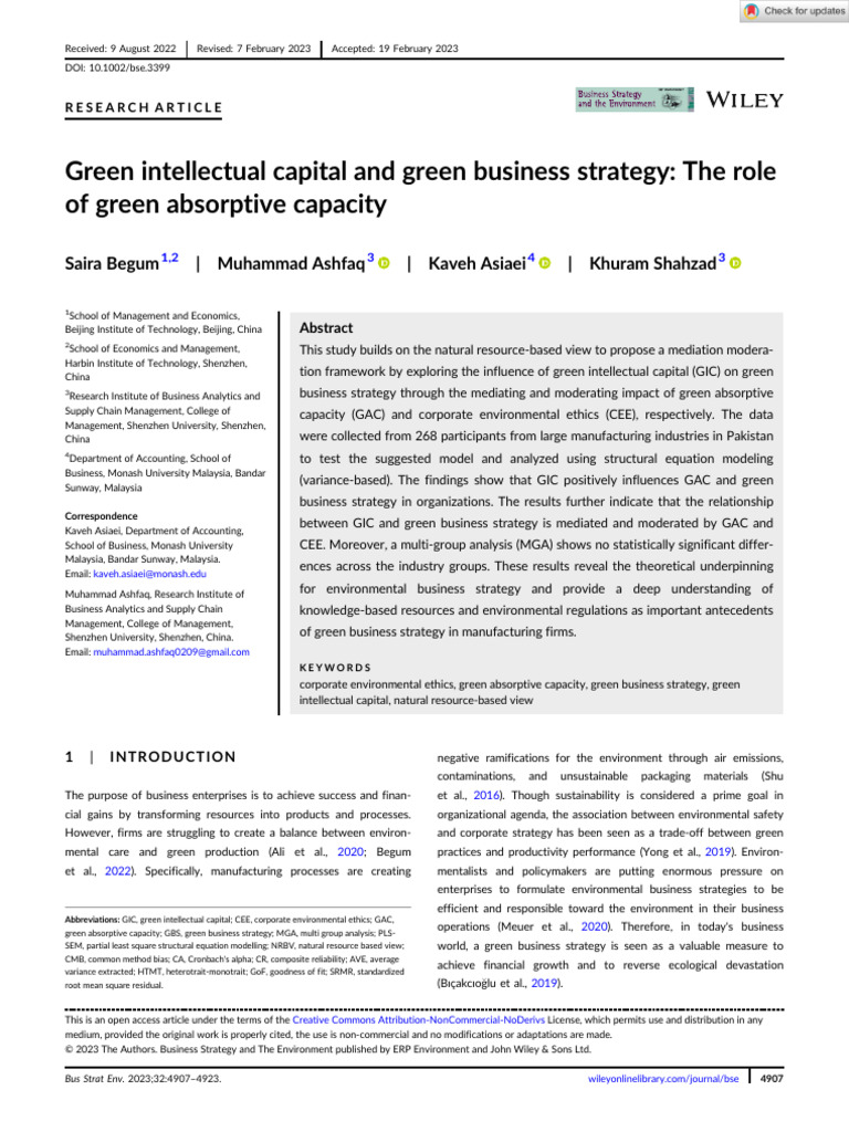 Bus Strat Env - 2023 - Begum - Green Intellectual Capital and Green ...