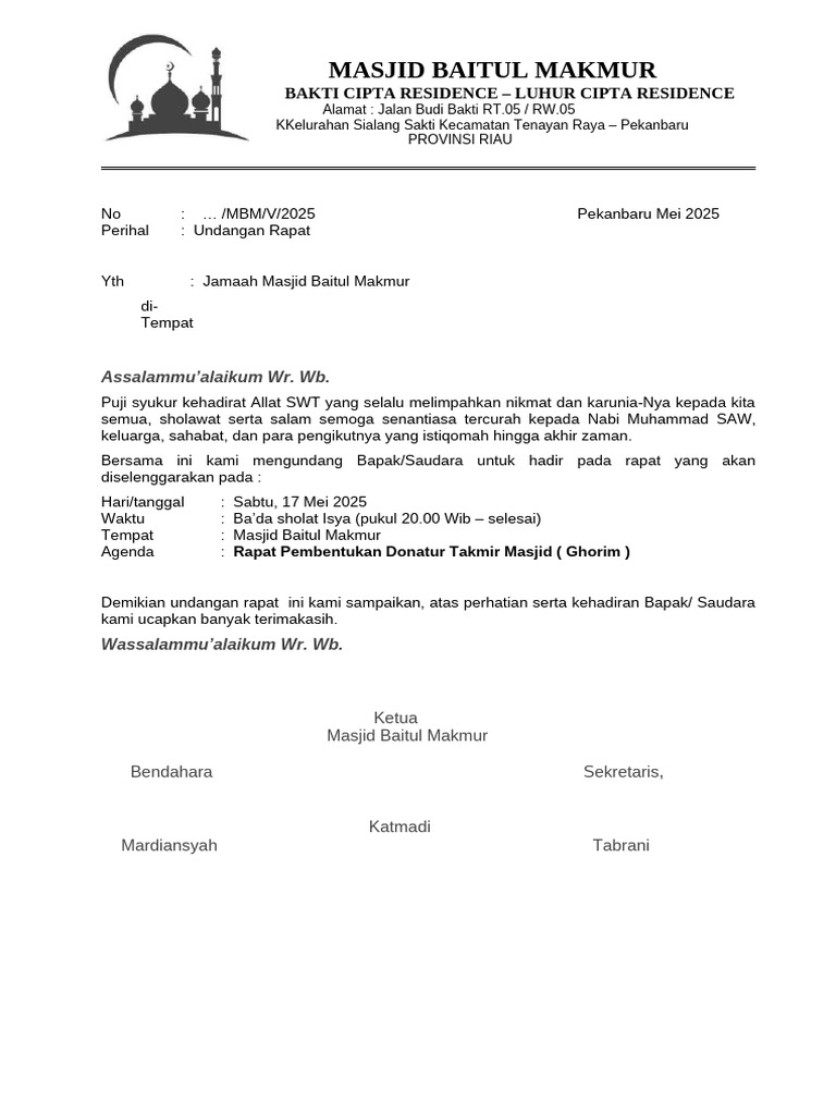 Surat-Undangan Rapat Masjid Baitul Makmur | PDF
