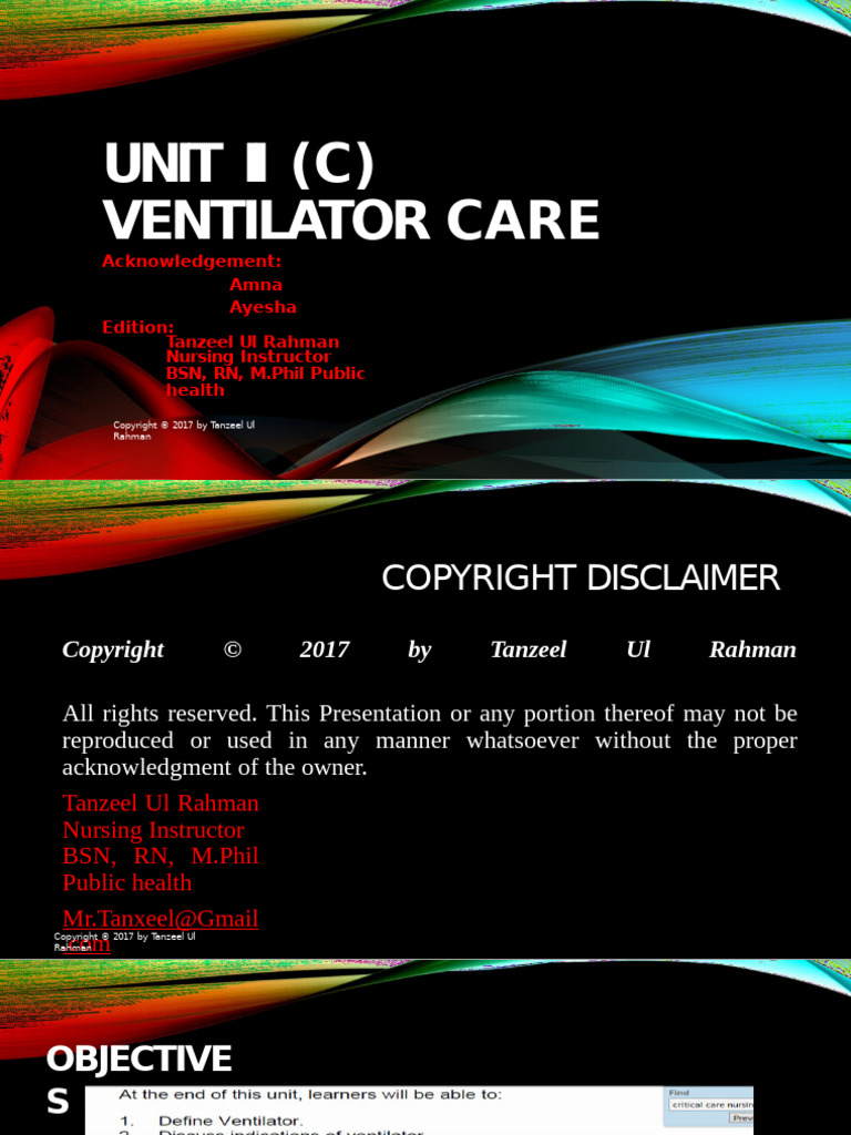 Unit III (C) Ventilator Care | PDF | Medical Treatments | Respiration