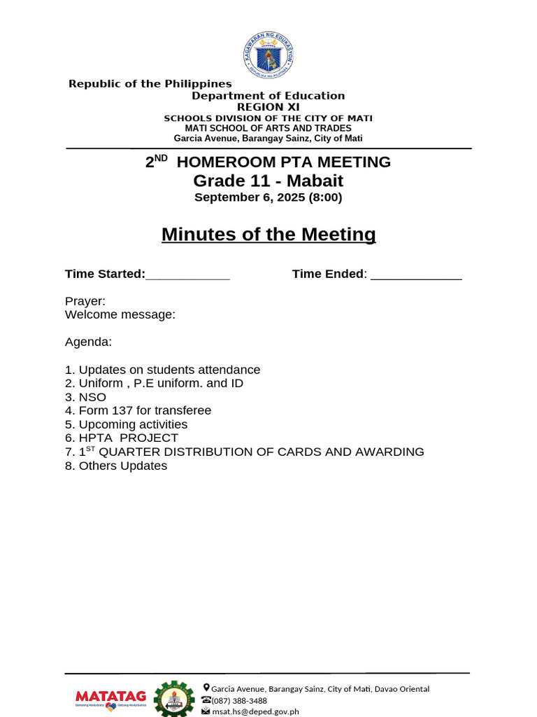 Grade 11 PTA Meeting Minutes - Sept 2025 | PDF