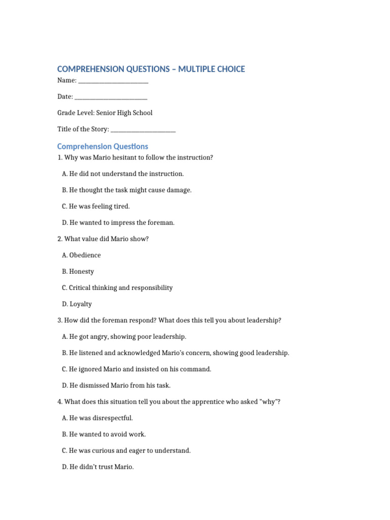 Comprehension Multiple Choice Questions | PDF