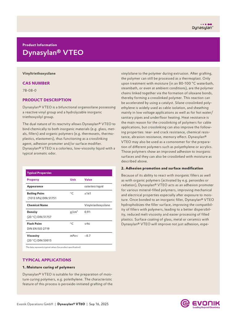 Dynasylan® VTEO Product Overview | PDF | Polymers | Chemical Substances