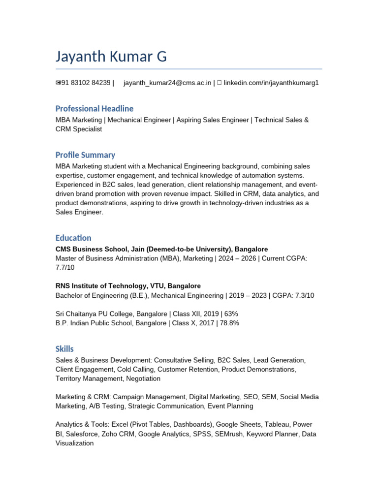 MBA Marketing & Sales Engineer Profile | PDF | Customer Relationship ...