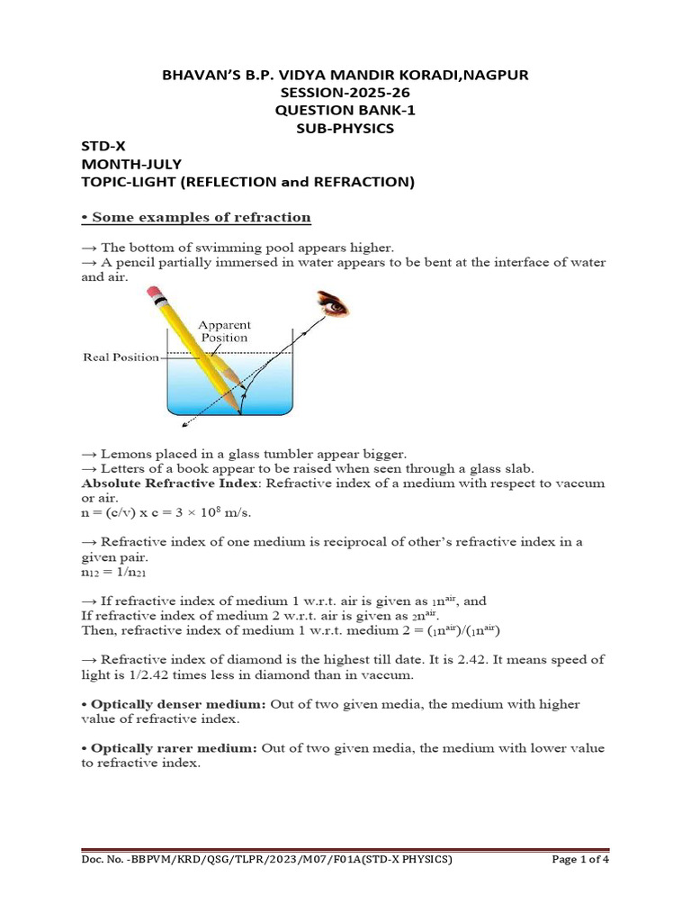 QB Chapter 9 LIGHT Refraction 2024-25 | PDF | Optics | Light