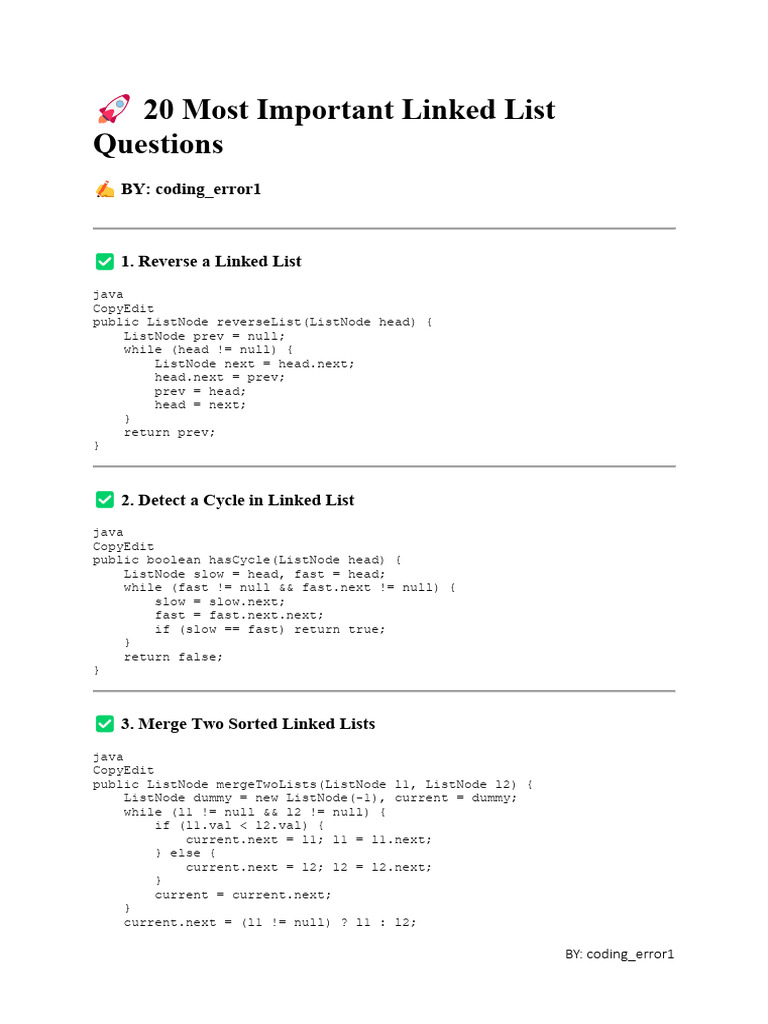 20 Linkedlist Question + Solution | PDF | Integer (Computer Science) | Computer Programming