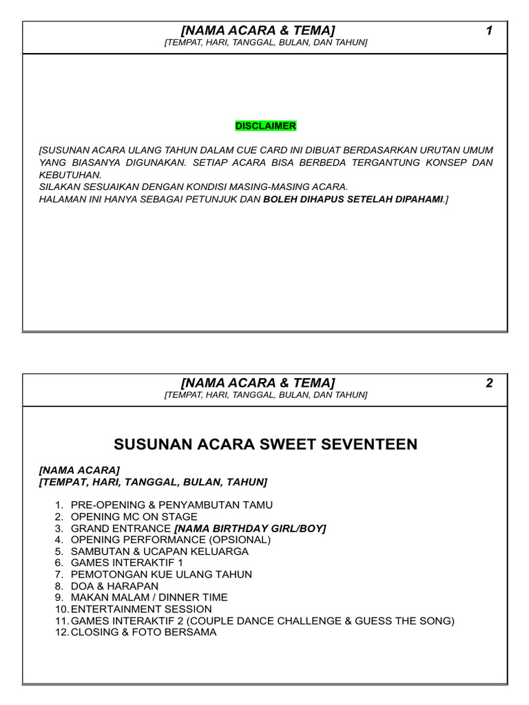 Skrip MC Ulang Tahun - Format Cue Card Siap Pakai (By Anzar Ahmad) | PDF