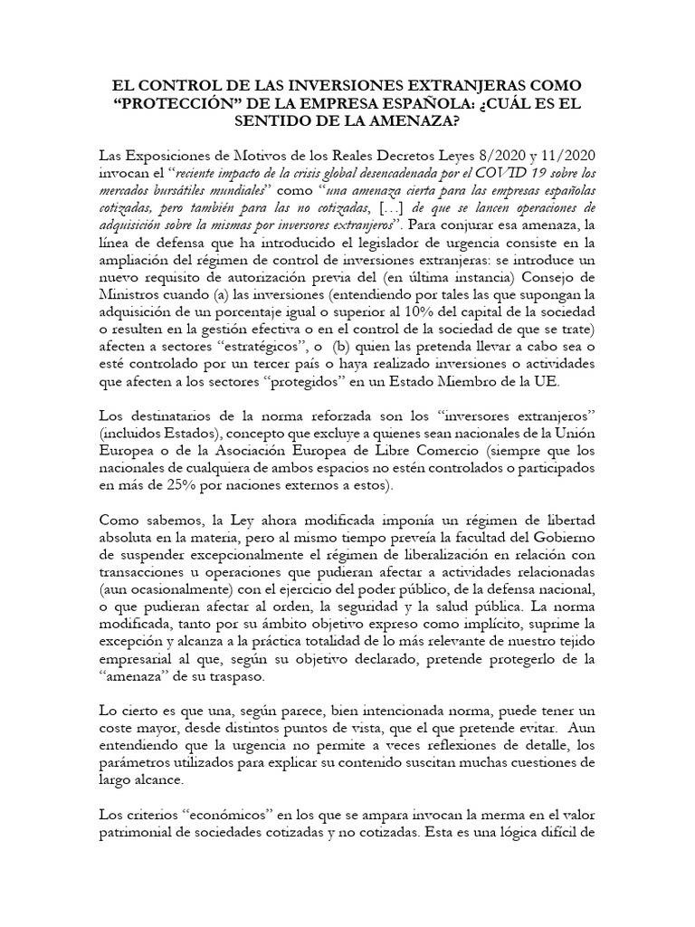 Control de Inversiones Extranjeras en España | PDF | España | La ...