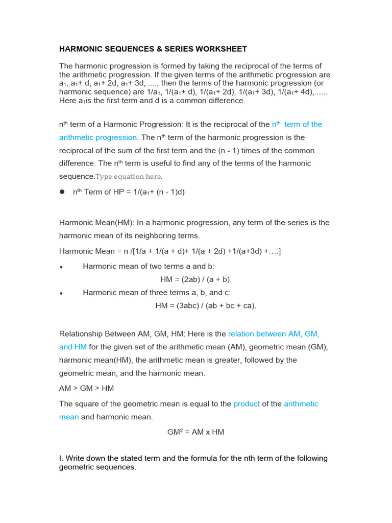 Harmonic Sequences Worksheet | PDF | Mean | Arithmetic