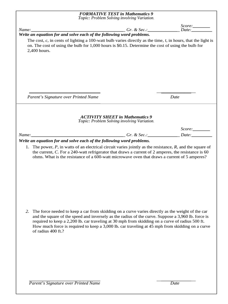 FORMATIVE TEST in Mathematics 9 Variation | PDF