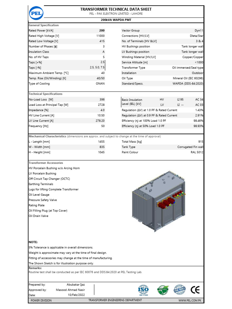 200 kVA Transformer Specifications | PDF | Transformer | Electric Power