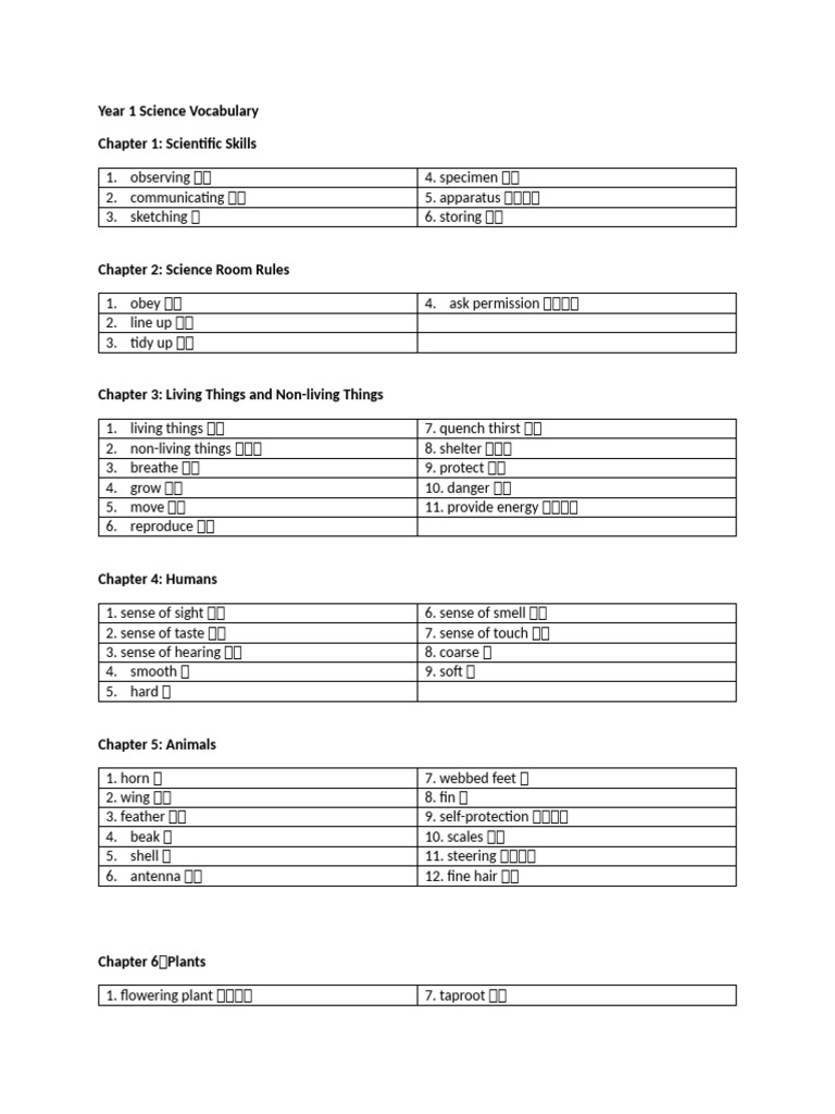 Year 1 Science Vocabulary | PDF