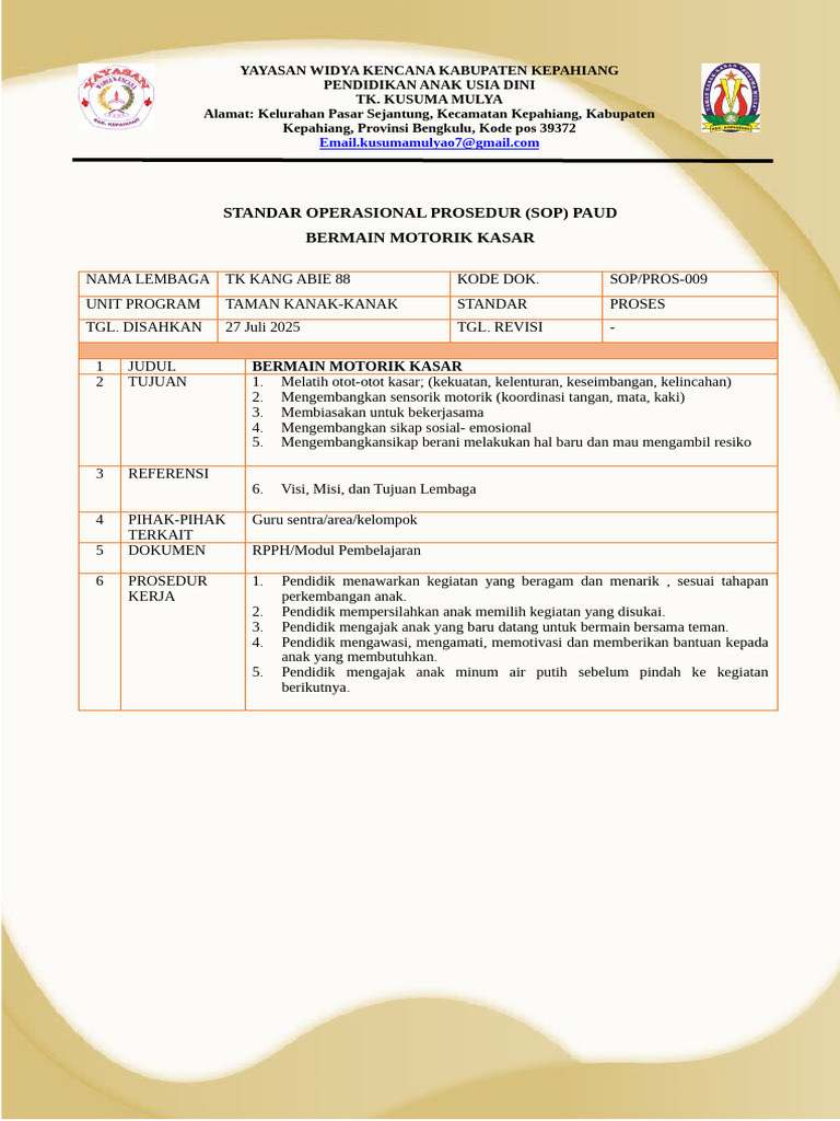 Sop Paud Bermain Motorik Kasar Merdeka | PDF