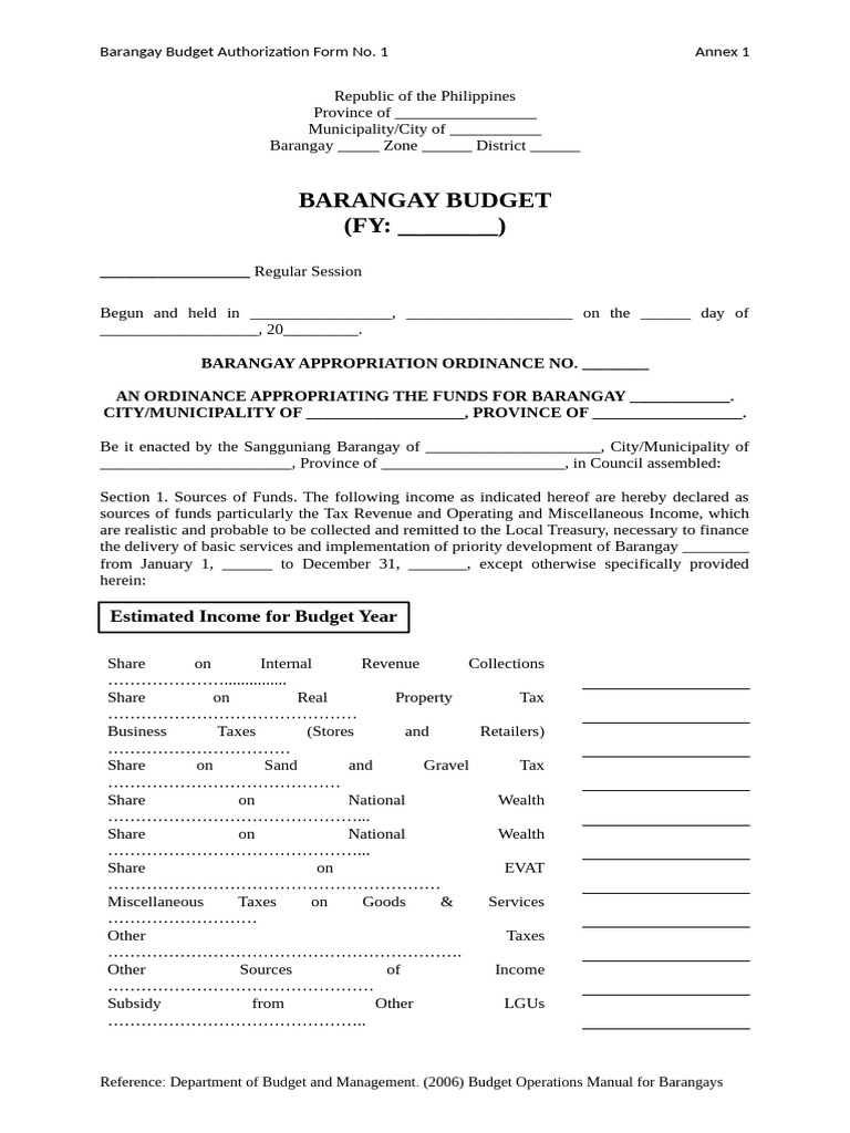 BFDP - Barangay Budget (Annex 1) | PDF | Budget | Taxes