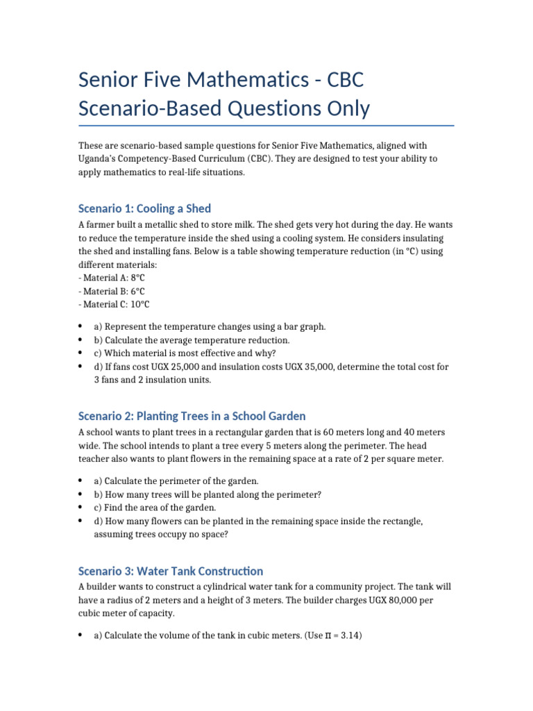 S5 Mathematics Scenario Questions | PDF