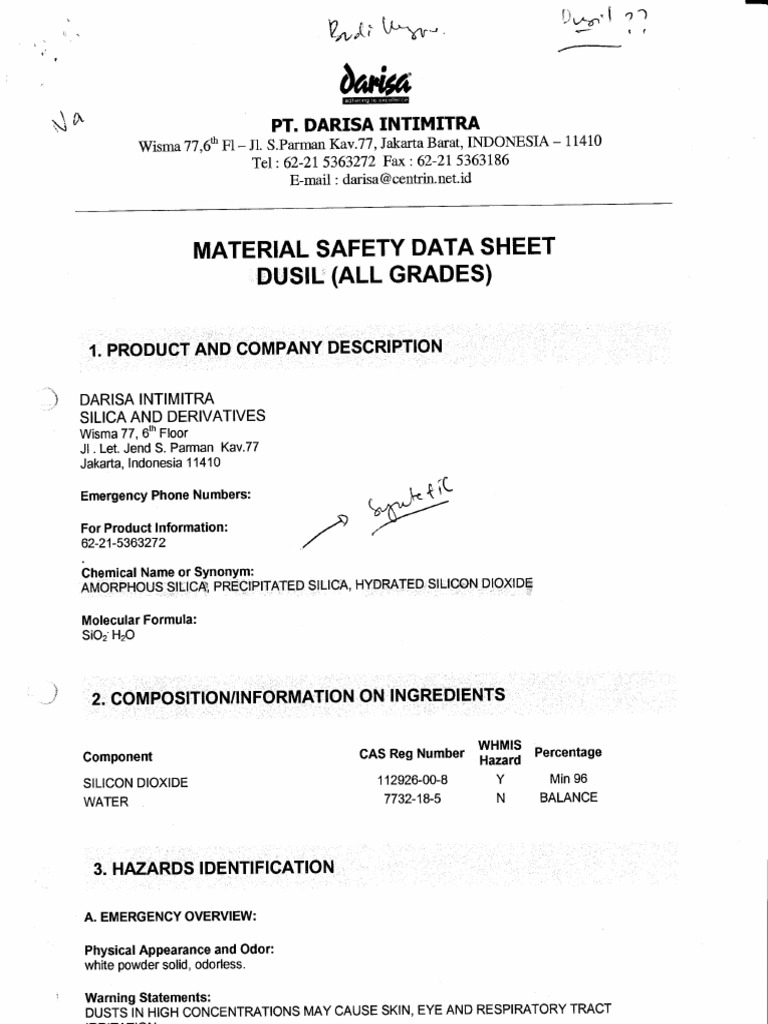 MSDS for Dusil Precipitated Silica | PDF | Workplace | Working Conditions