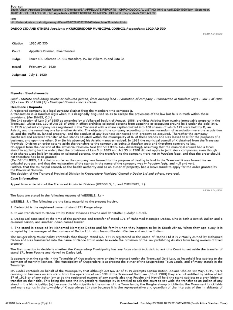 Dadoo Ltd v Krugersdorp Council Case Summary | PDF | Lease | Leasehold ...