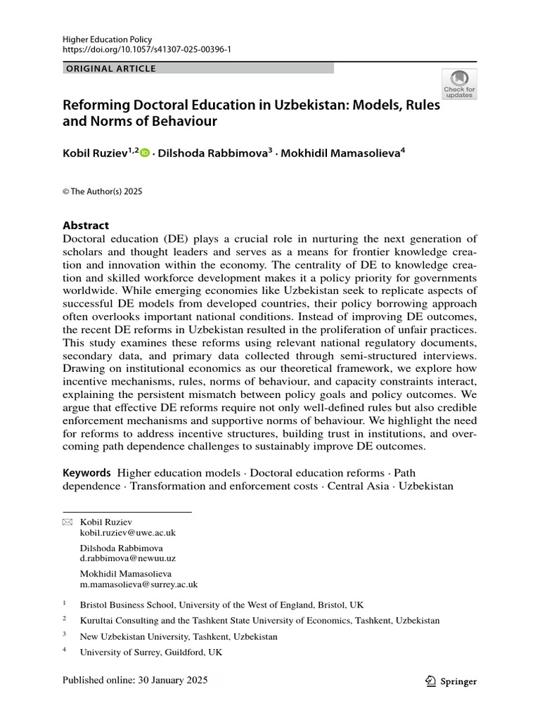 Ruziev Et Al-2025-Higher Education Policy | PDF | Institution | Economics