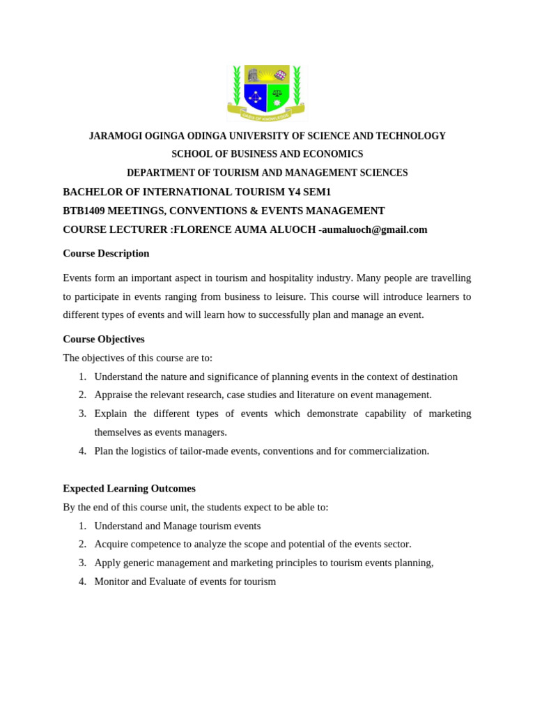 Event Management in Tourism Course Guide | PDF | Tourism | Learning