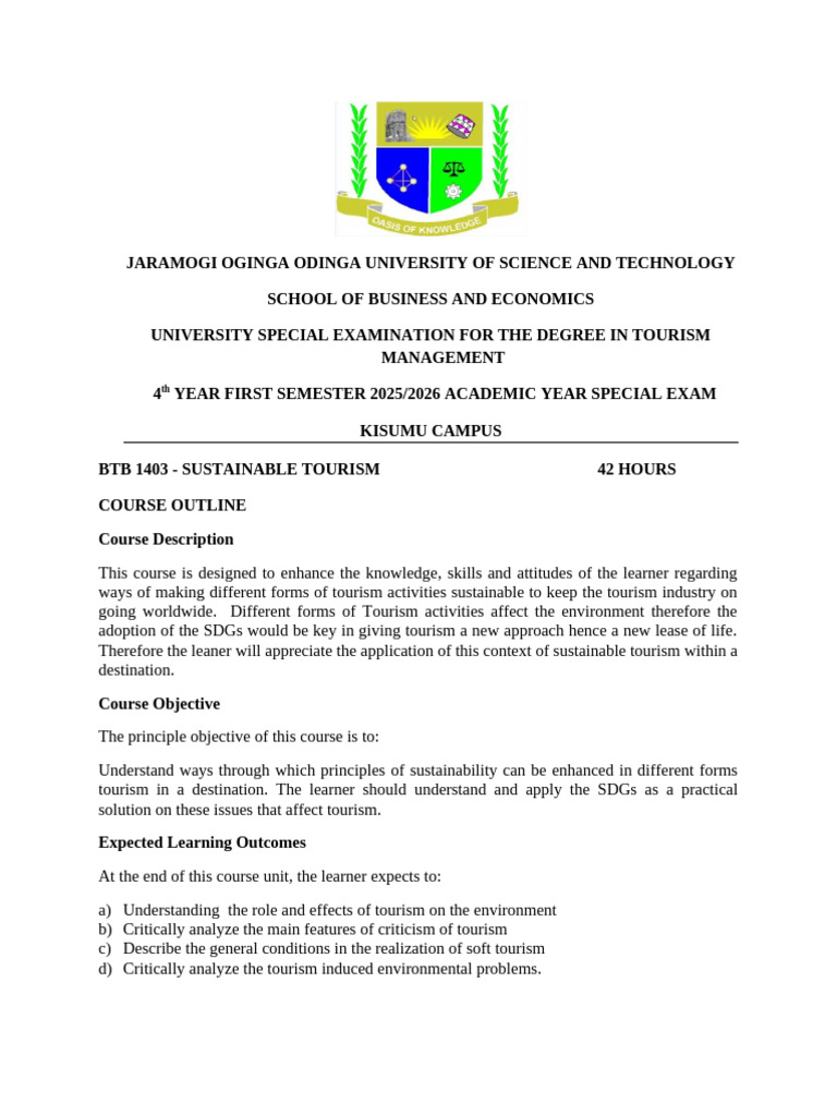 Sustainable Tourism Course Outline | PDF | Sustainability | Tourism