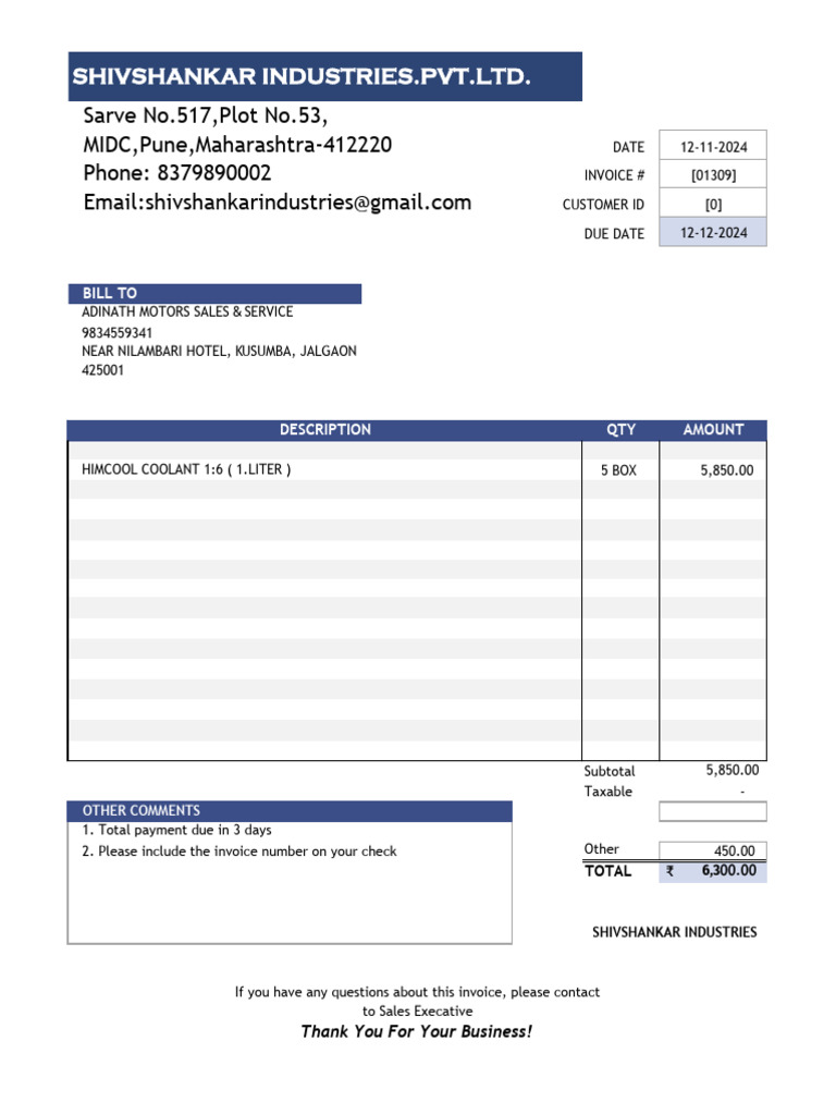 Invoice for Adinath Motors Services | PDF