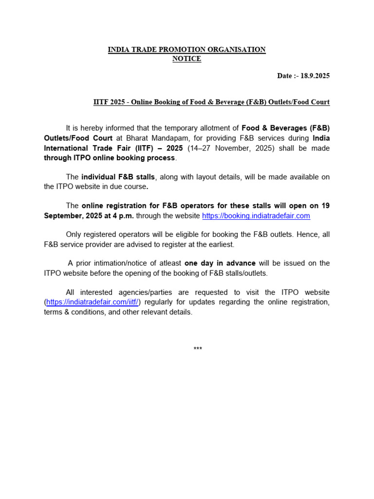 IITF 2025 - Notice For Registration For F and B Food Outlets | PDF