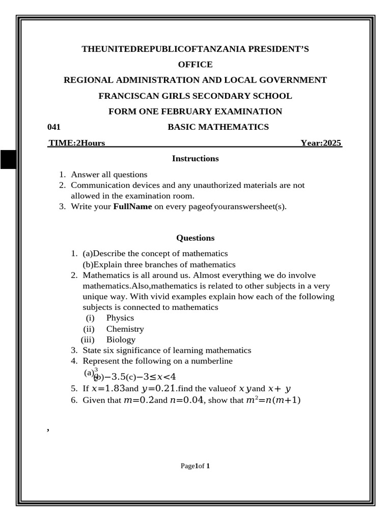 Form One Basic Mathematics Exam 2025 | PDF