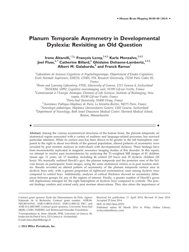 Planum Temporale Asymmetry in Dyslexia | PDF | Dyslexia ...