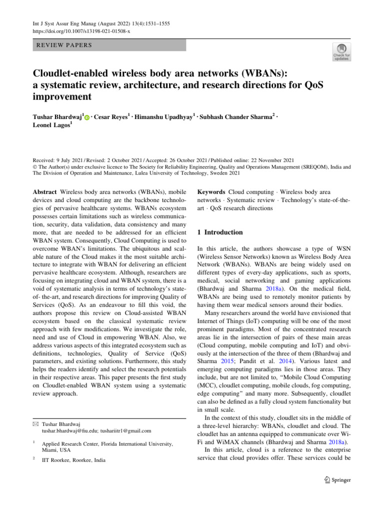 Cloudlet-Enabled Wireless Body Area Networks (Wbans) : A Systematic Review, Architecture, and ...