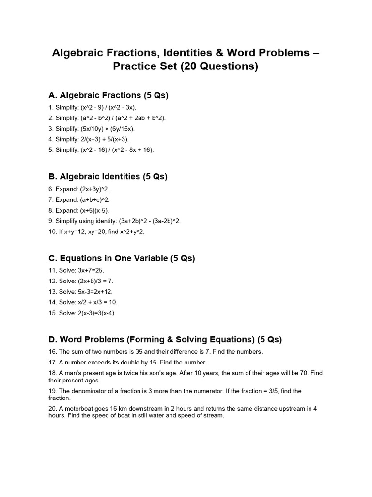 Algebraic Fractions & Word Problems Practice | PDF