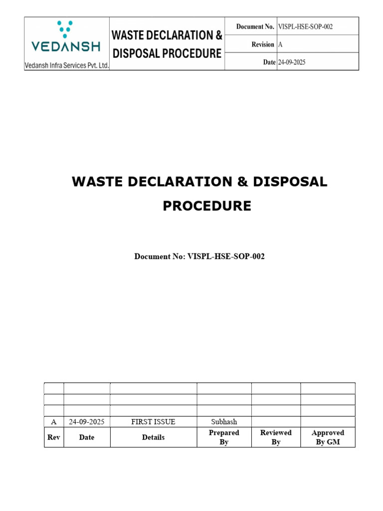 Waste Management SOP for VISPL | PDF | Waste | Waste Management