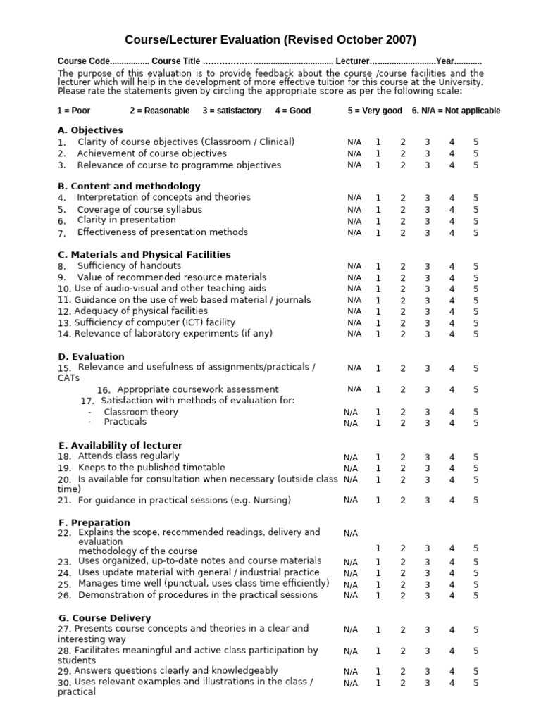 Course Lecturer Evaluation Form Word | PDF