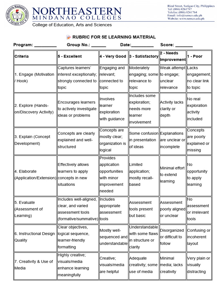 Rubrics For 5E Learning Material | PDF | Learning | Intelligence