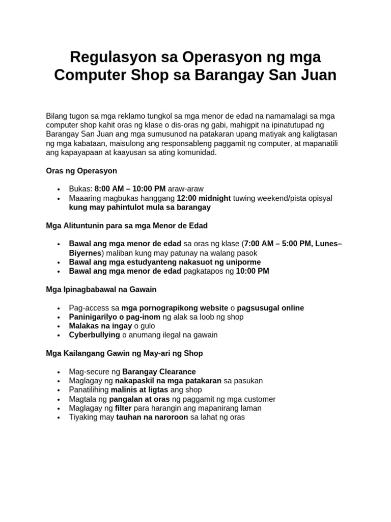 Regulasyon Sa Operasyon NG Mga Computer Shop Sa Barangay San Juan | PDF