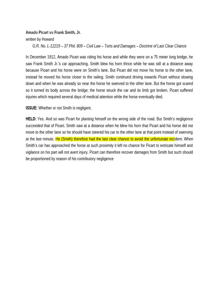 Picart v. Smith: Last Clear Chance Doctrine | PDF