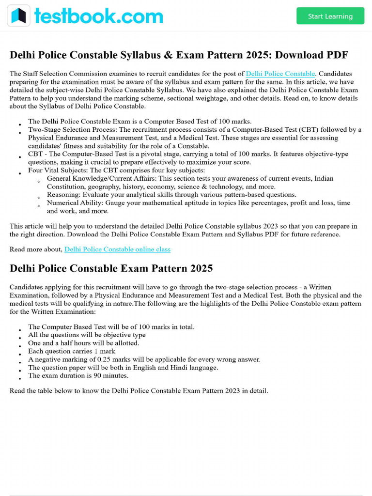 Delhi Police Constable Syllabus & Exam Pattern 2025 - Download PDF | PDF