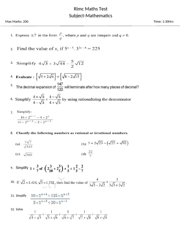 Rimc Maths Test Overview and Details | PDF