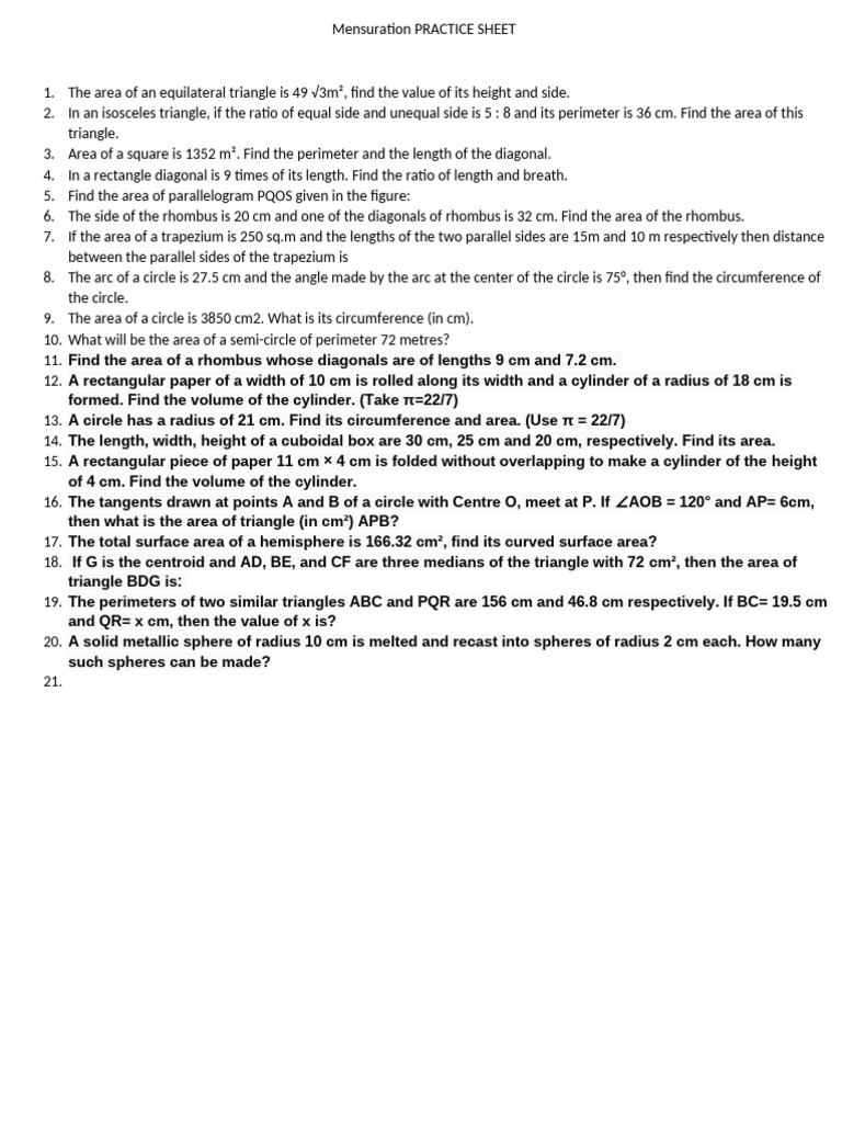 Mensuration Practice Sheet | PDF