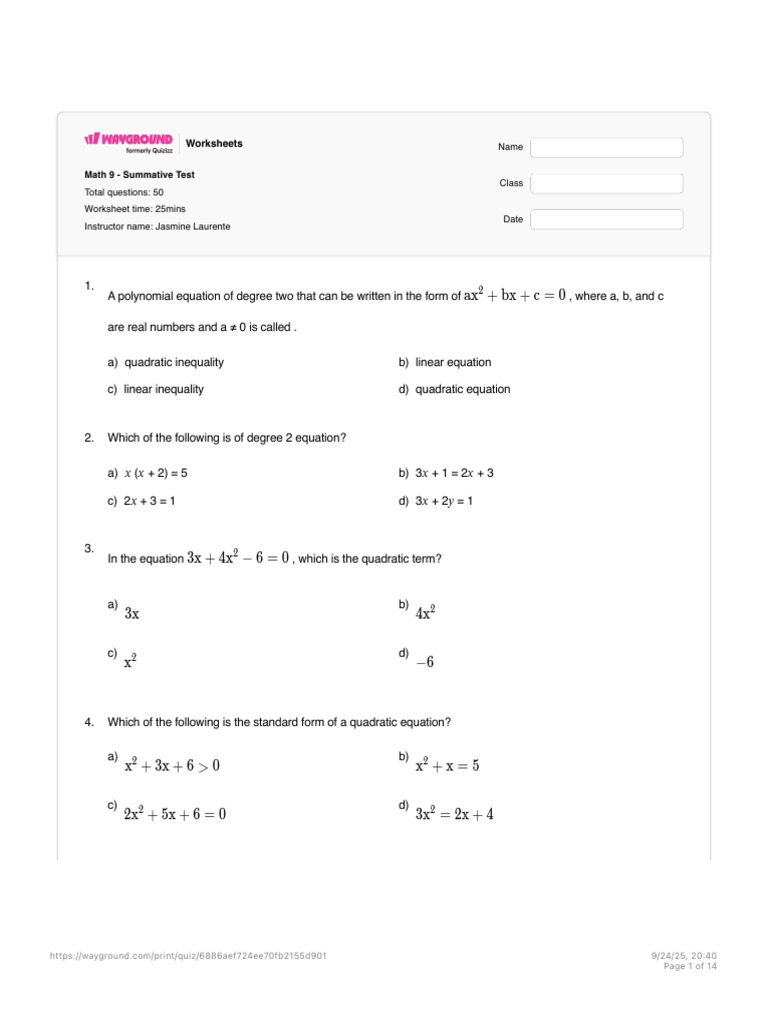 Math 9 - Summative Test - Wayground | PDF | Quadratic Equation | Equations