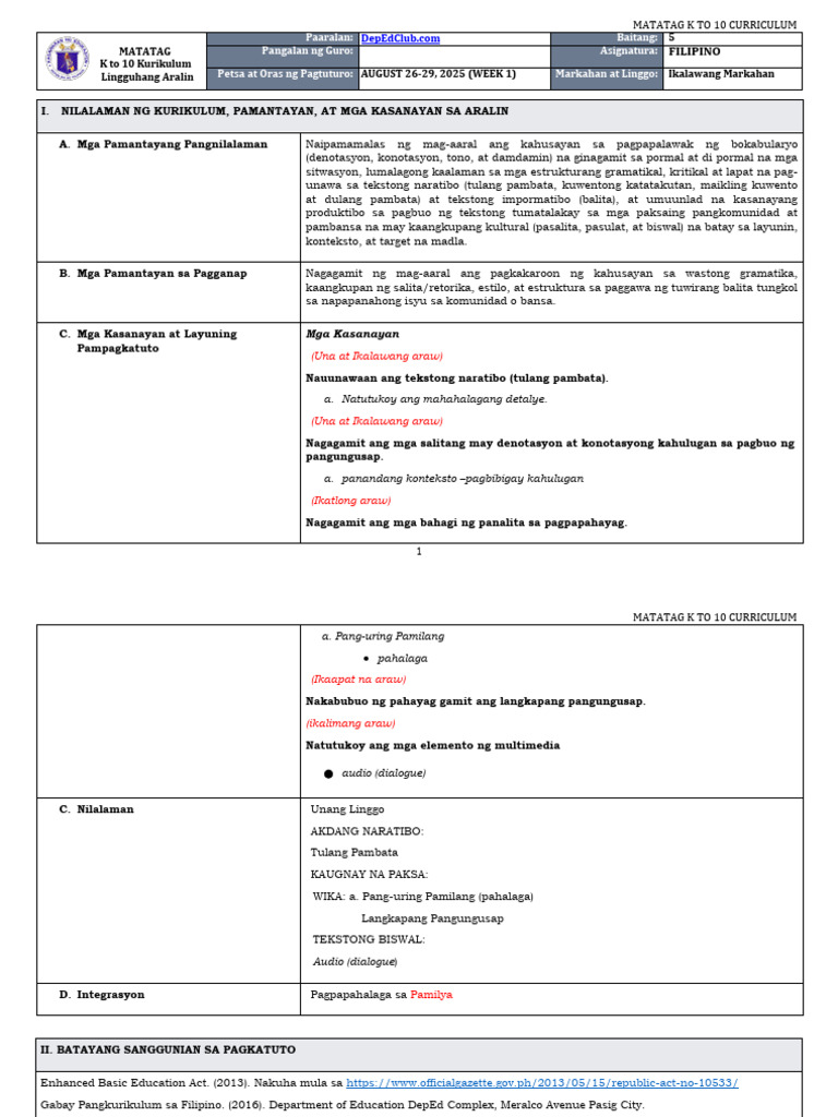 DLL Matatag - Filipino 5 q2 w1 | PDF